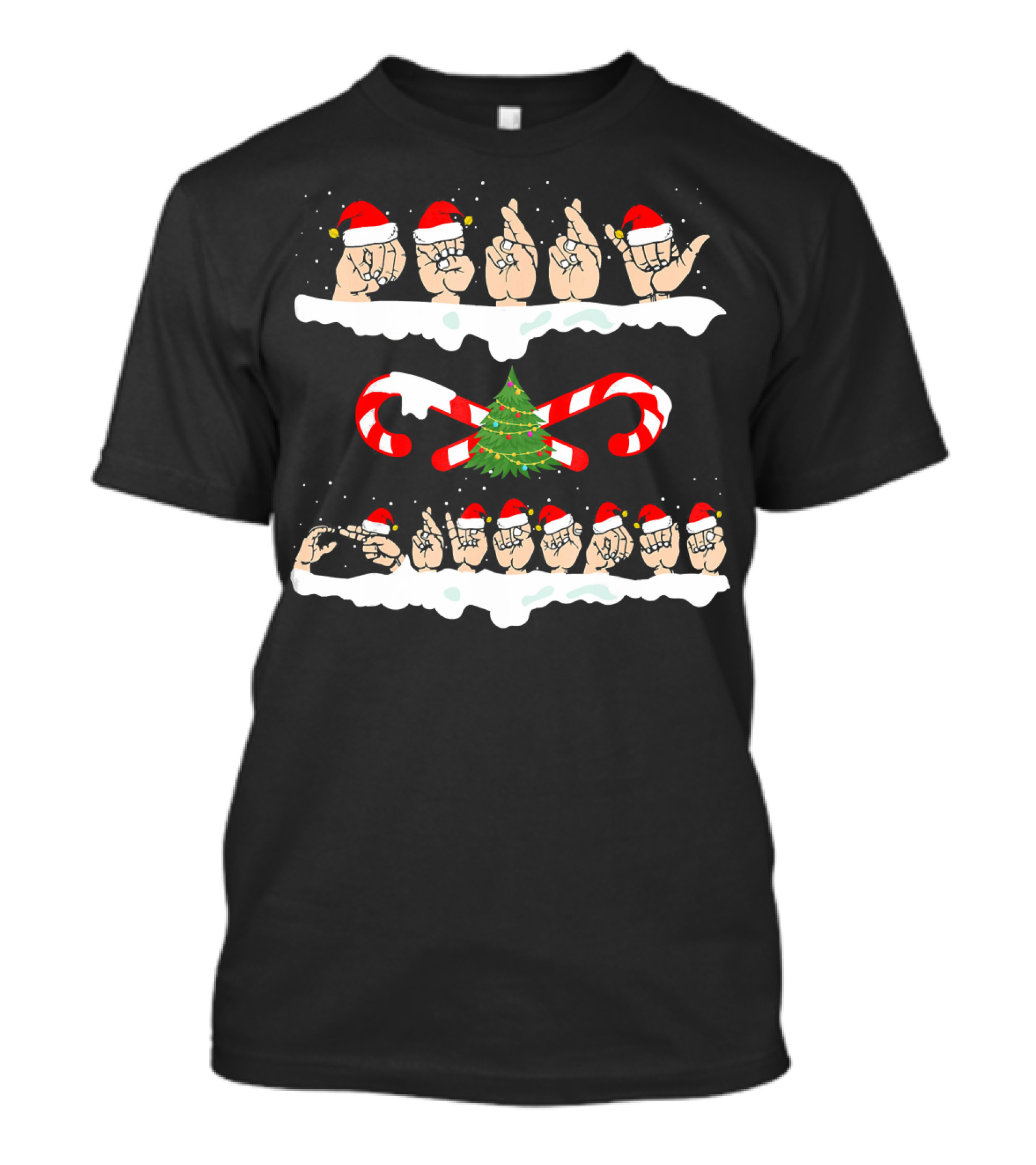 Merry Christmas American Sign Language Santa Hats Candy Cane Snowflake Tree T-Shirt