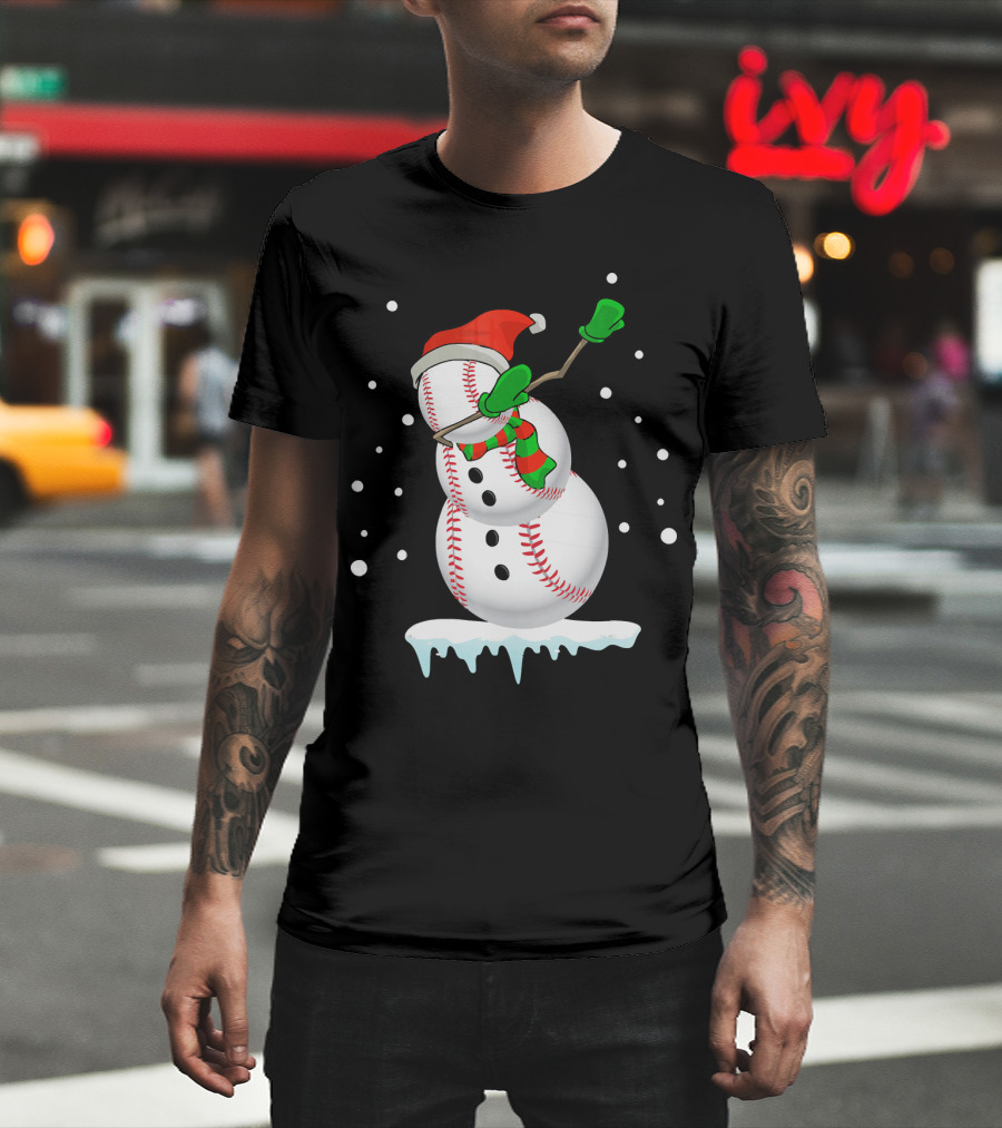 Dabbing Snowman Baseball Christmas Fun T-Shirt