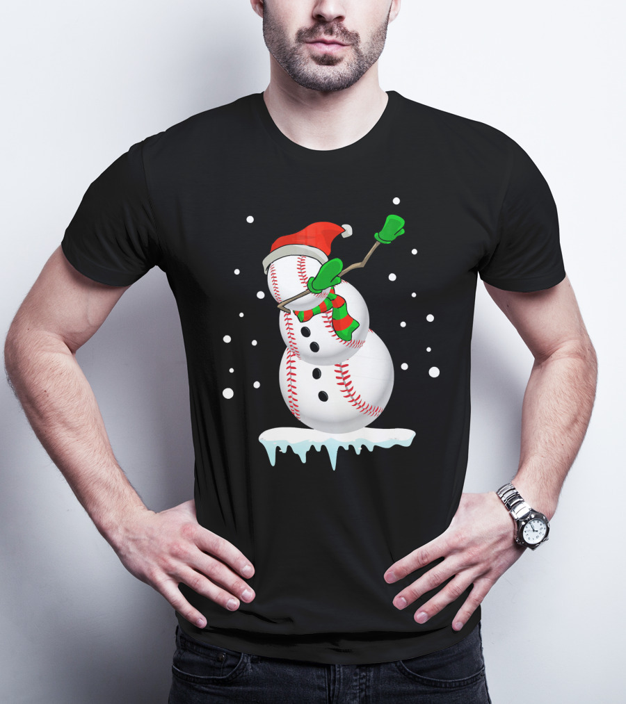 Dabbing Snowman Baseball Christmas Fun T-Shirt