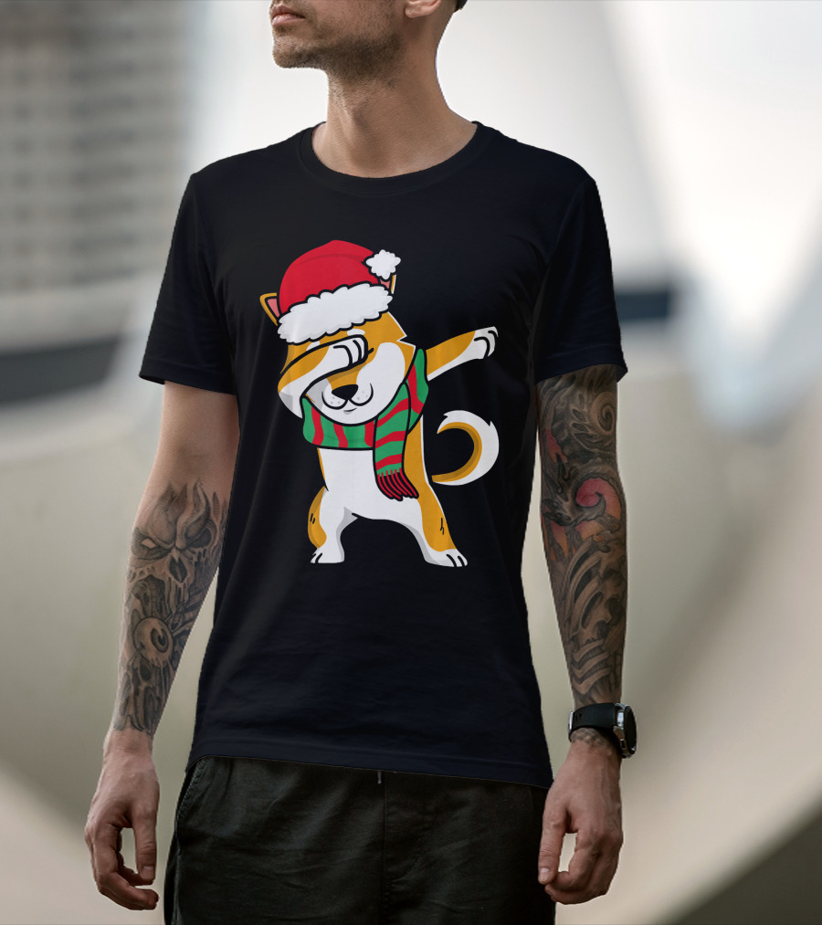 Dabbing Shiba Dog Christmas Santa Hat Scarf T-Shirt