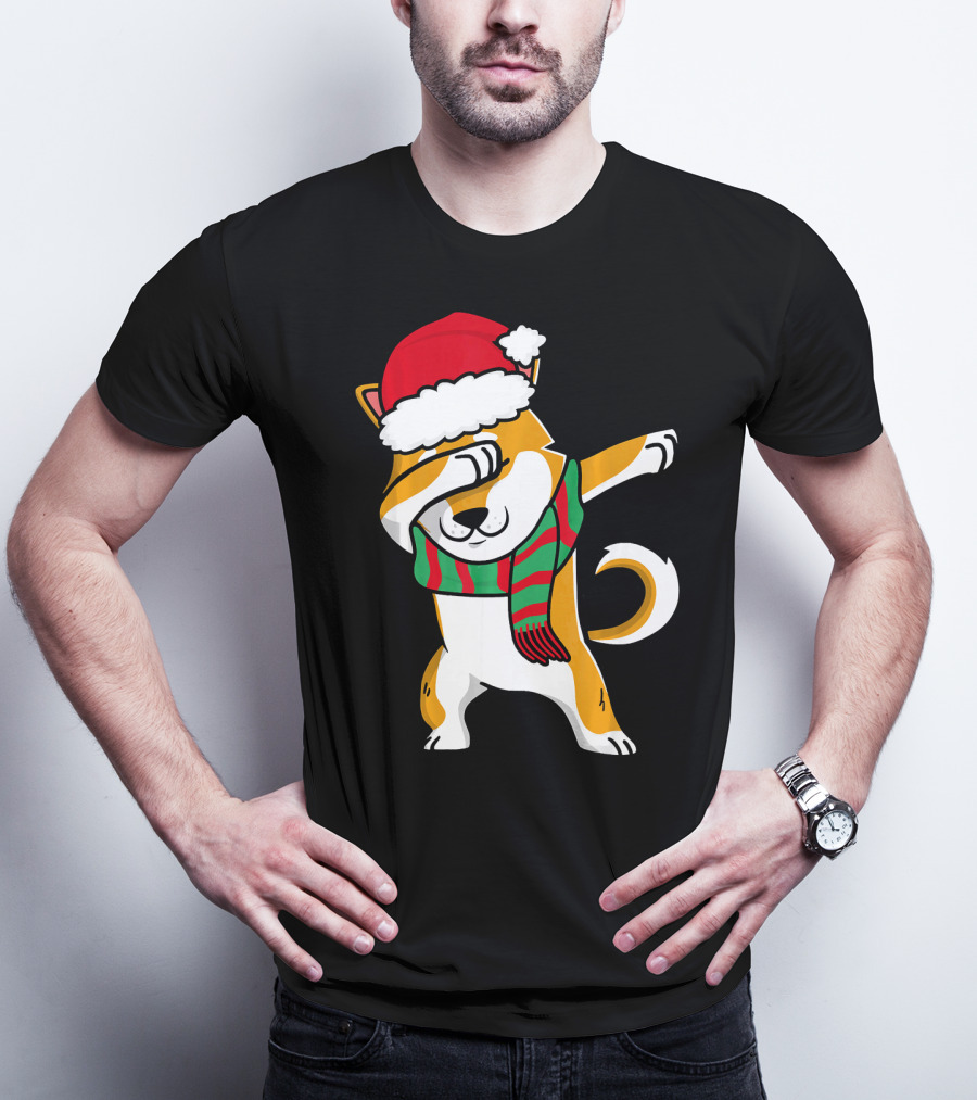 Dabbing Shiba Dog Christmas Santa Hat Scarf T-Shirt