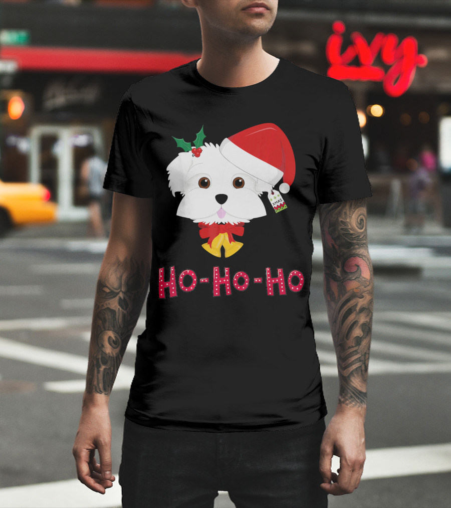 Maltese Dog In Santa Hat With Holly And Ho-Ho-Ho Text T-Shirt