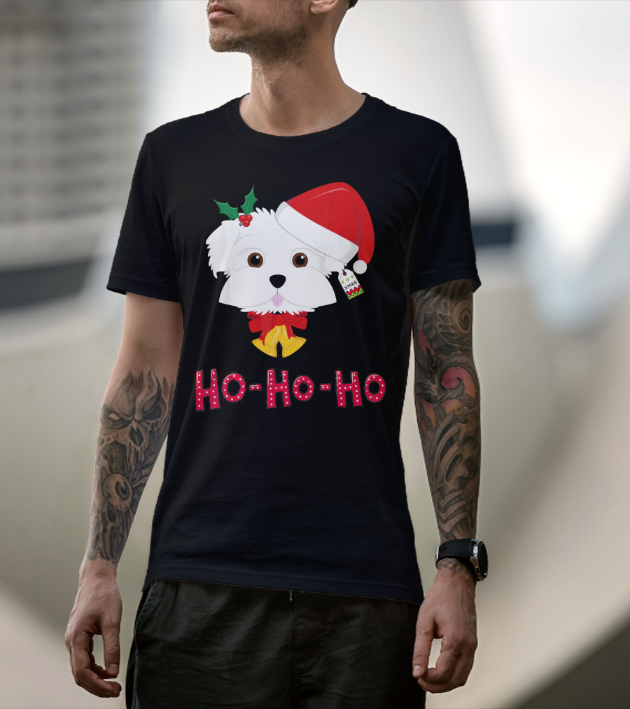 Maltese Dog In Santa Hat With Holly And Ho-Ho-Ho Text T-Shirt