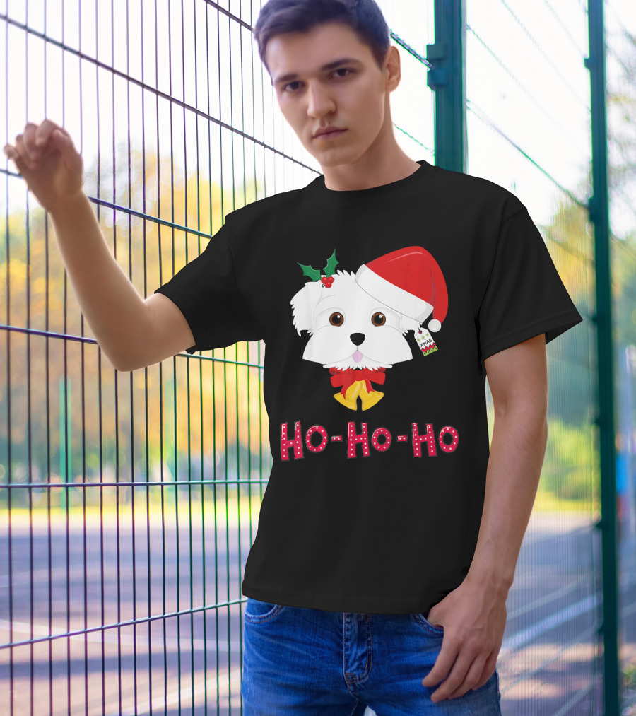 Maltese Dog In Santa Hat With Holly And Ho-Ho-Ho Text T-Shirt