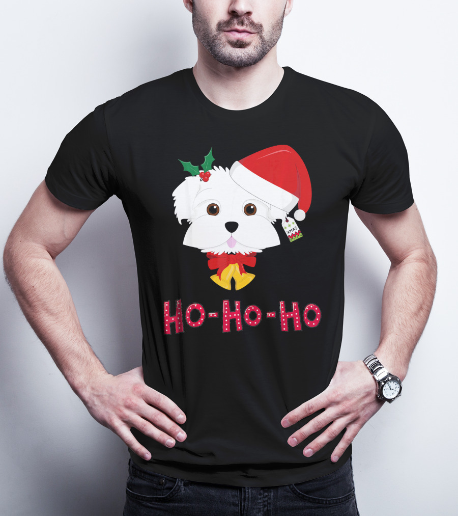 Maltese Dog In Santa Hat With Holly And Ho-Ho-Ho Text T-Shirt