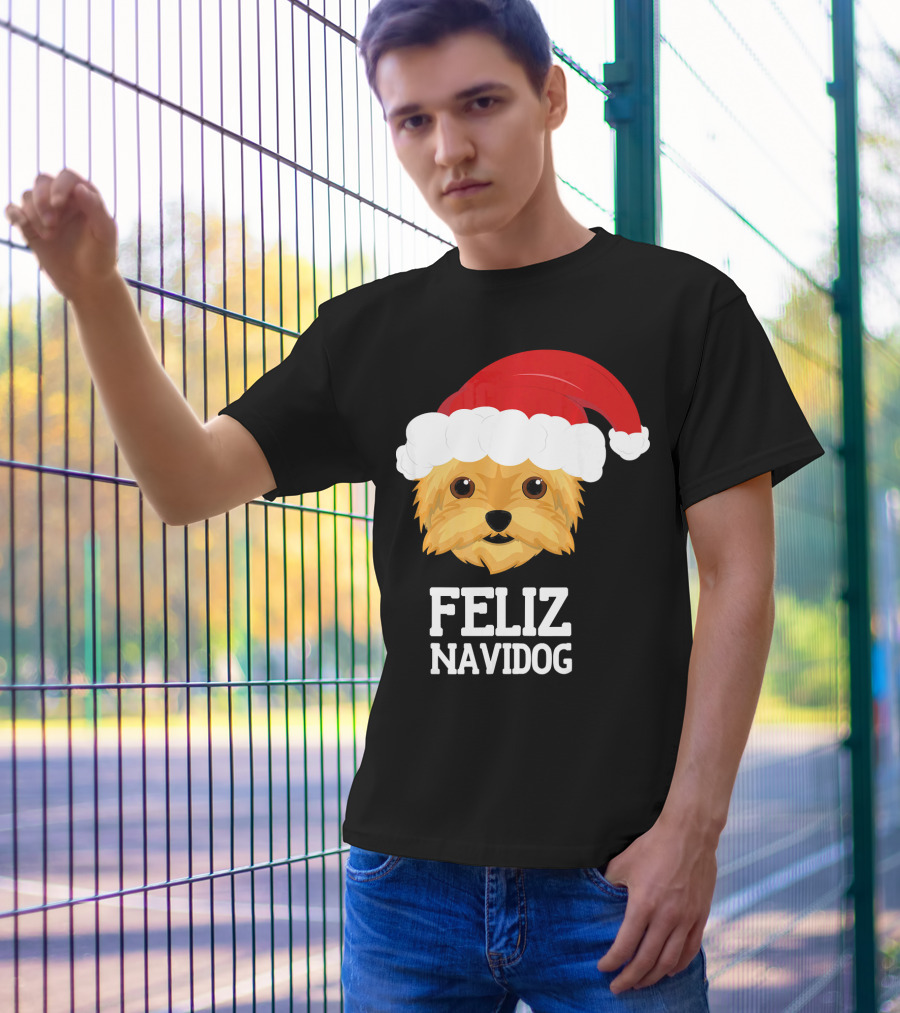 Feliz Navidog Merry Christmas Yorksh Dog Santa Hat T-Shirt