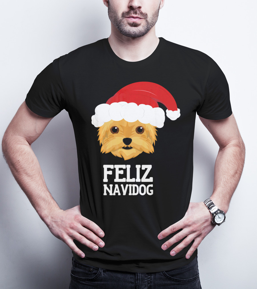 Feliz Navidog Merry Christmas Yorksh Dog Santa Hat T-Shirt