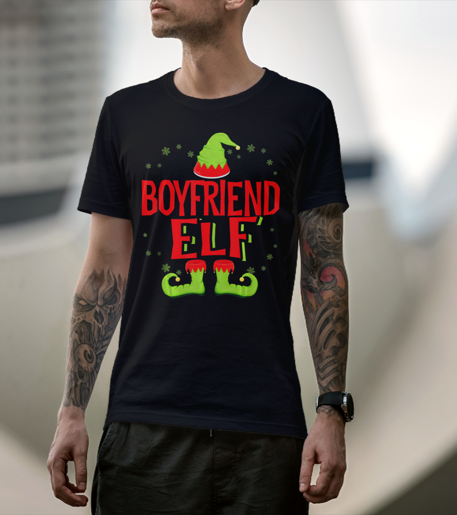 BOYFRIEND ELF Christmas Hat Boots Snowflakes T-Shirt