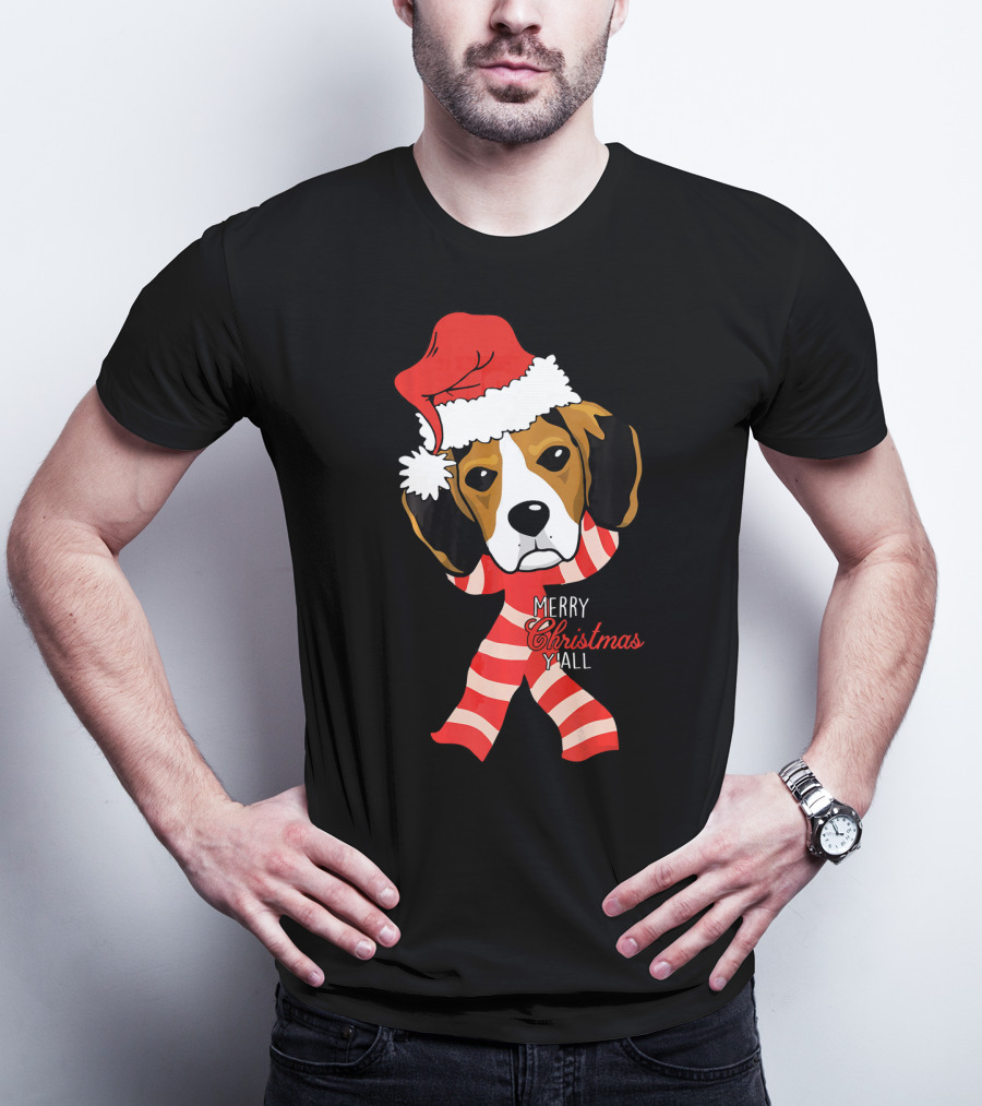 Merry Christmas Y'all Beagle Dog In Santa Hat And Striped Pajamas T-Shirt