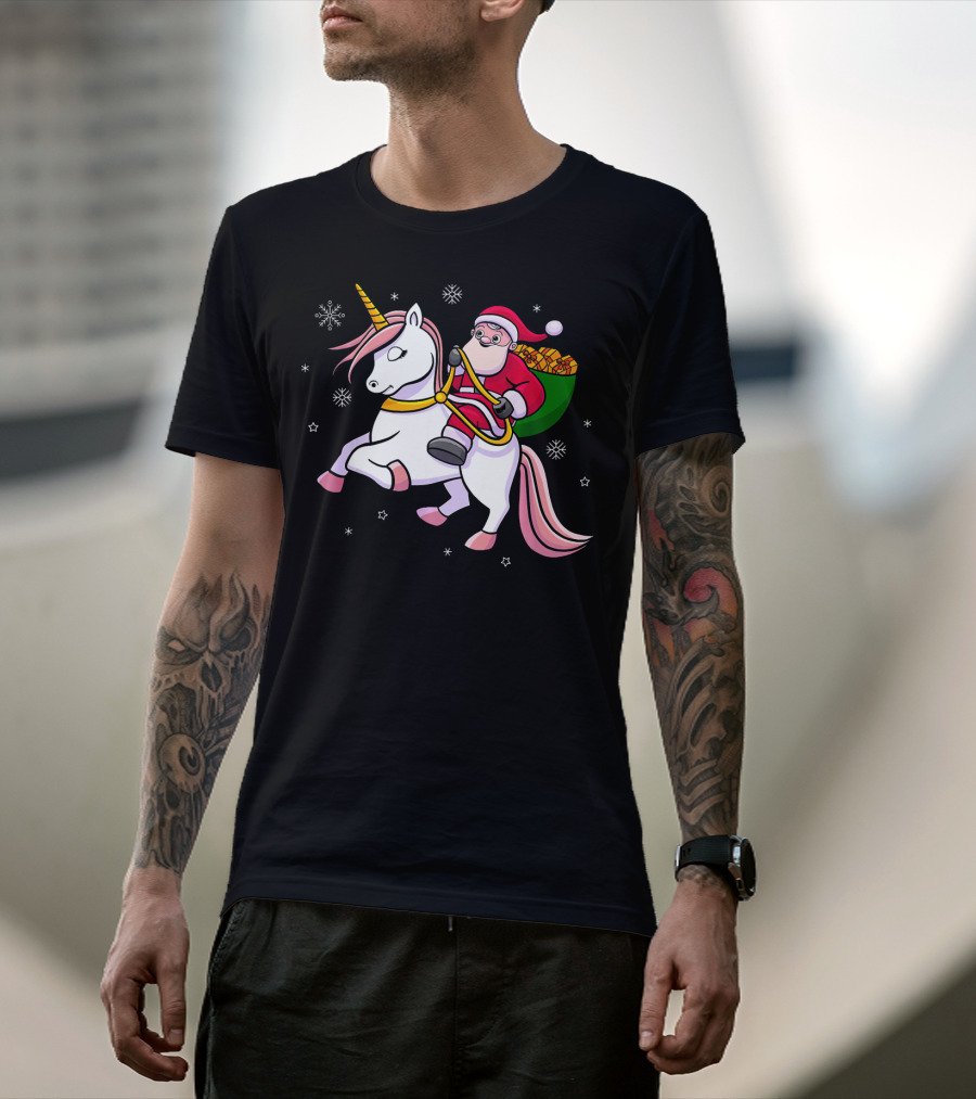 Santa Riding Unicorn With Presents For Cute Girls T-Shirt