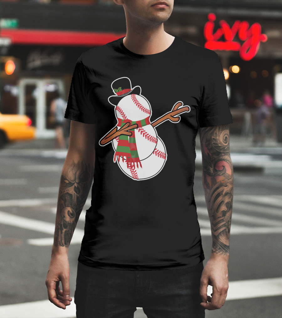 Dabbing Baseball Snowman In Top Hat With Festive Scarf T-Shirt