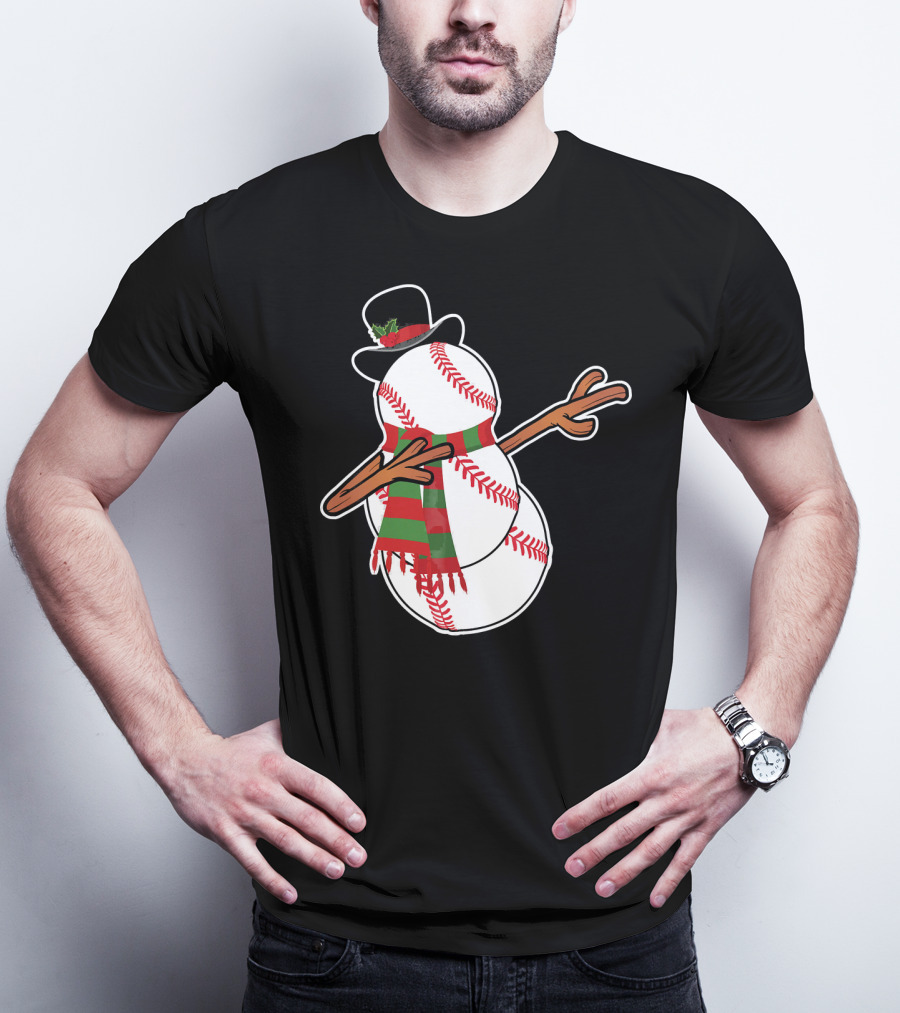 Dabbing Baseball Snowman In Top Hat With Festive Scarf T-Shirt