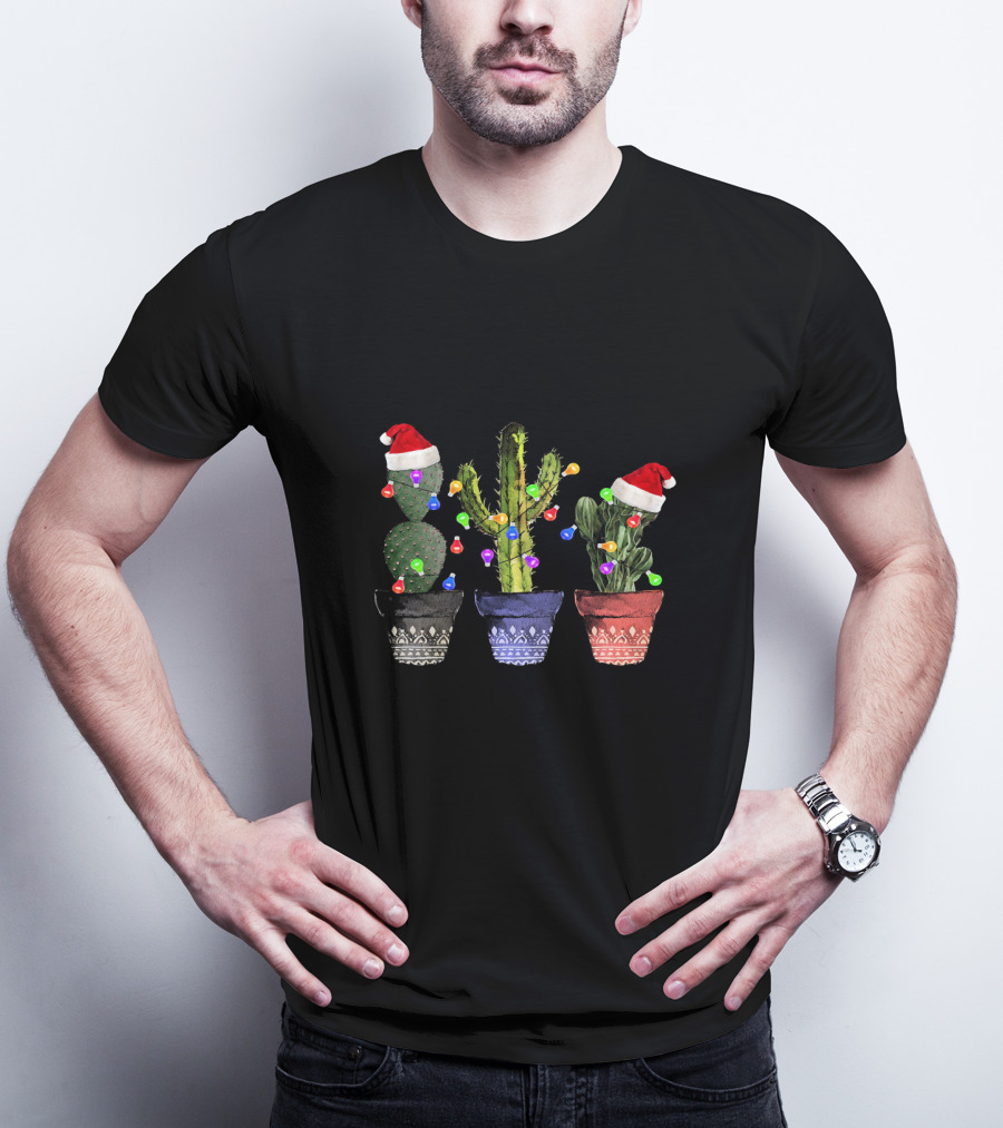 Cactus Christmas Lights Santa Hats Festive Holiday Decor T-Shirt