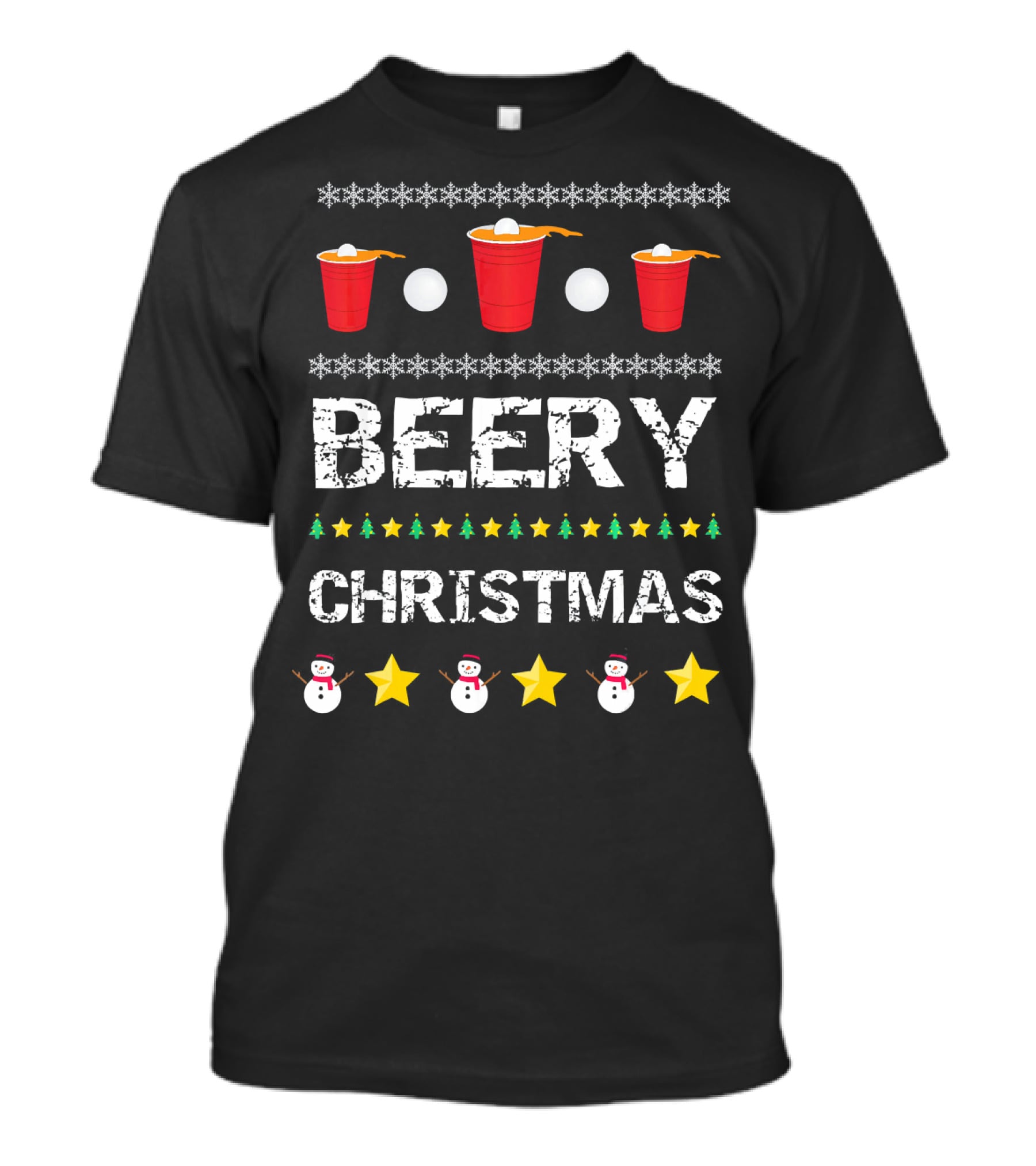 Beery Christmas Beer Pong Snowflakes Stars And Snowmen T-Shirt