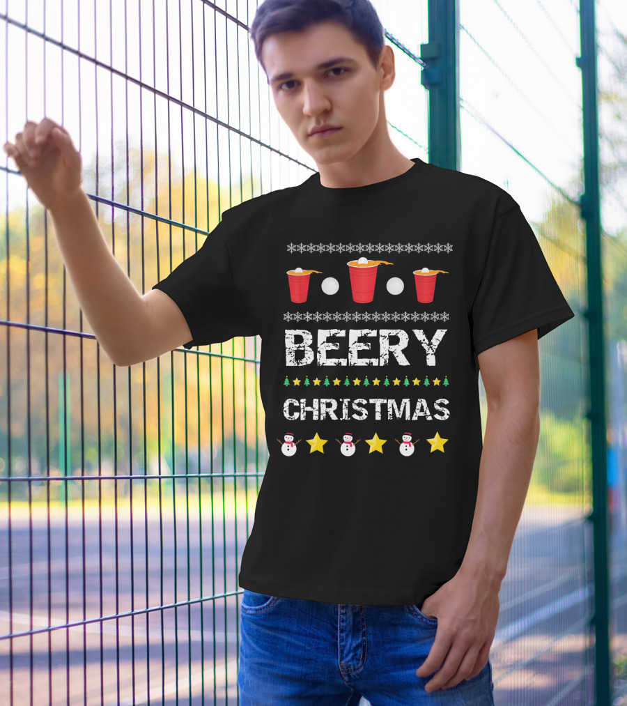 Beery Christmas Beer Pong Snowflakes Stars And Snowmen T-Shirt