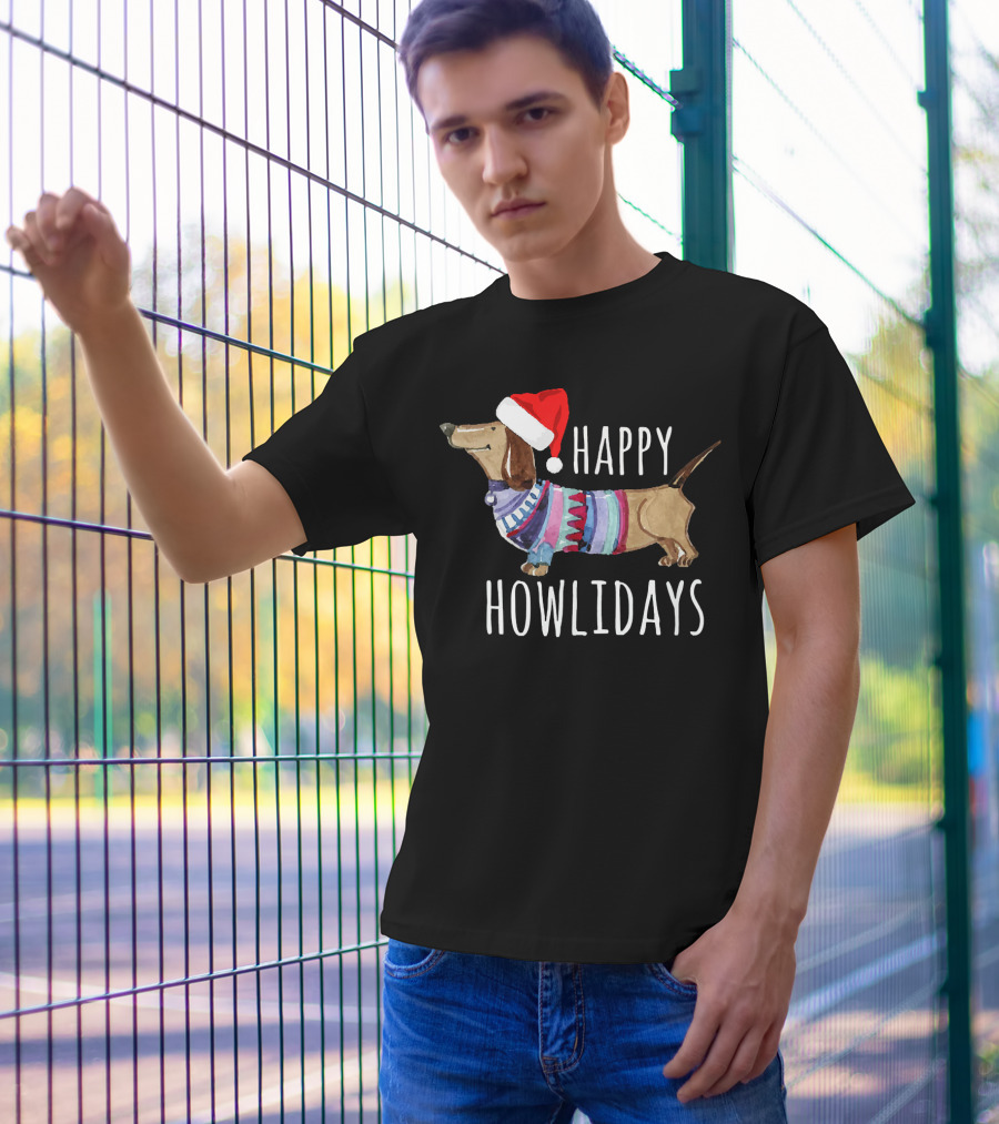 Happy Howlidays Christmas Dog Dachshund Wearing Santa Hat T-Shirt
