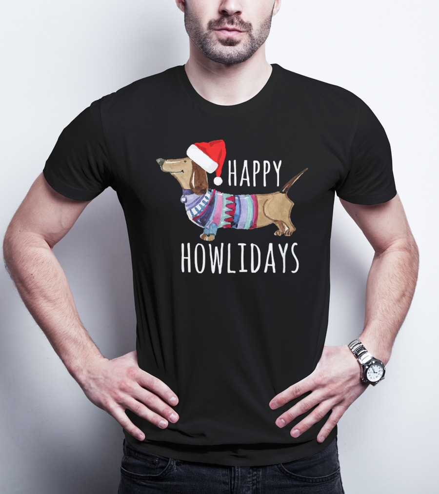 Happy Howlidays Christmas Dog Dachshund Wearing Santa Hat T-Shirt