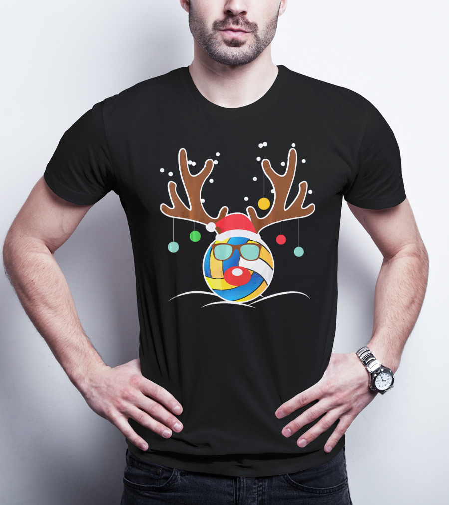 Volleyball Christmas Funny Reindeer Santa Hat Antlers Sunglasses Holiday Ornaments T-Shirt