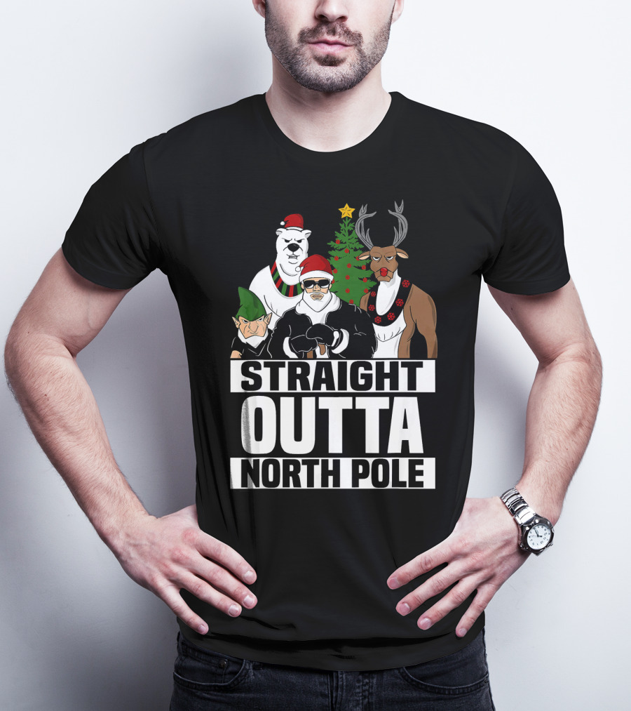 Straight Outta North Pole Christmas Characters Polar Bear Elf Reindeer T-Shirt