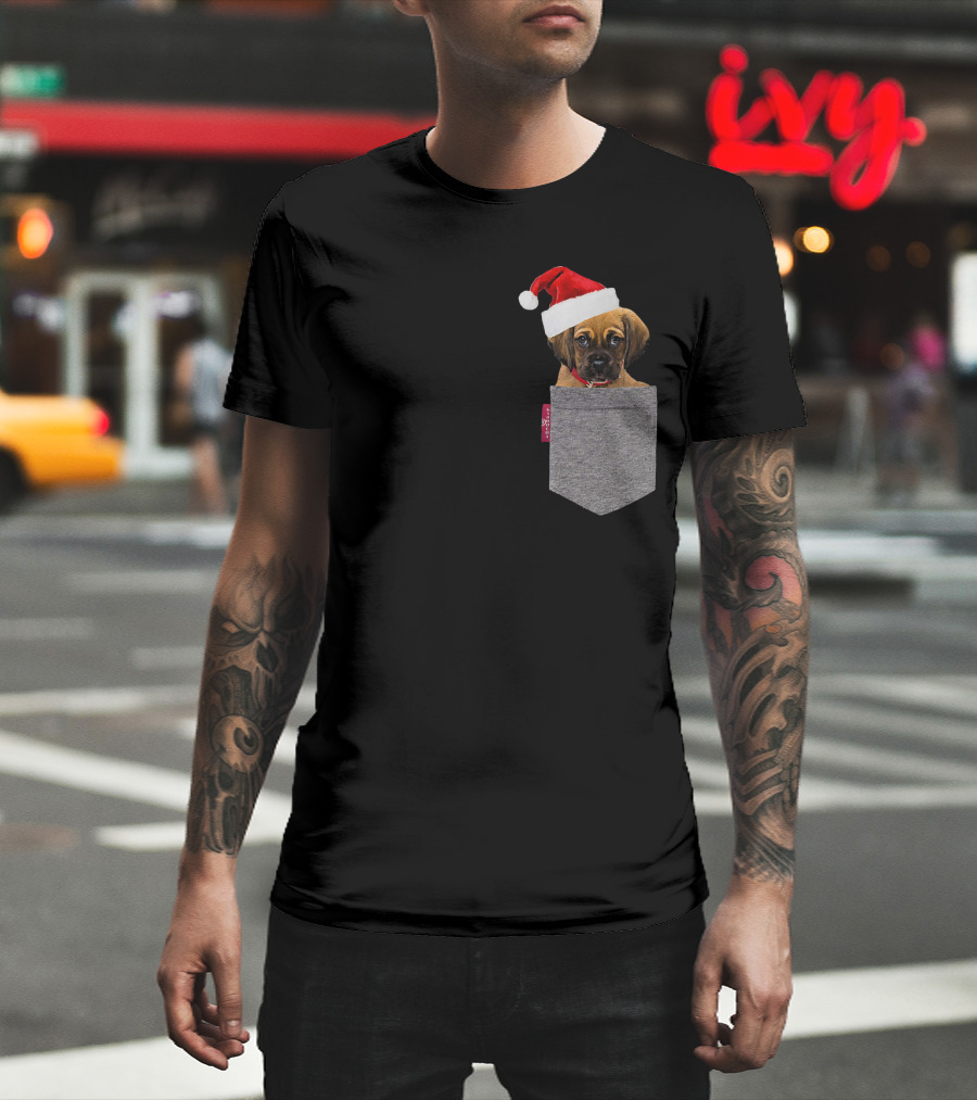 Puggle Puppy With Santa Hat In Gray Pocket Cute Beagle Pug T-Shirt
