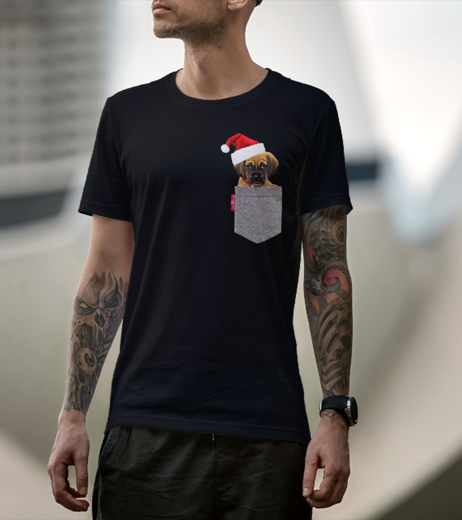 Puggle Puppy With Santa Hat In Gray Pocket Cute Beagle Pug T-Shirt