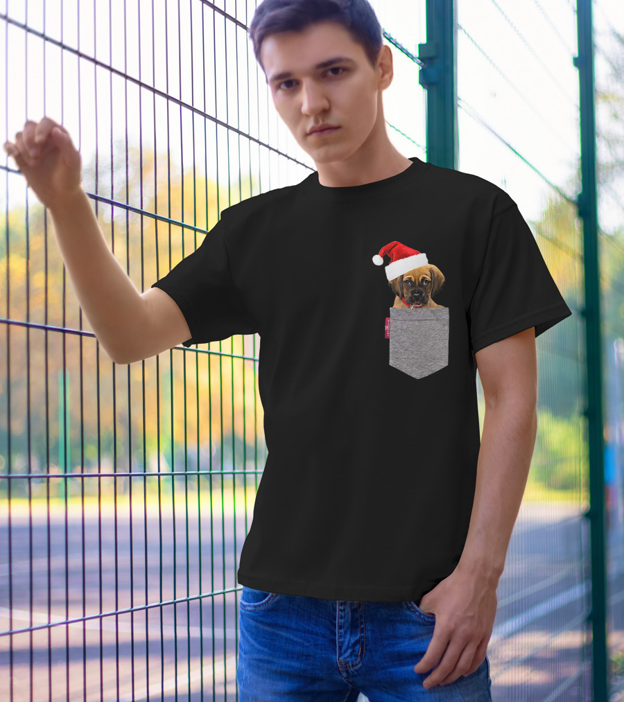 Puggle Puppy With Santa Hat In Gray Pocket Cute Beagle Pug T-Shirt