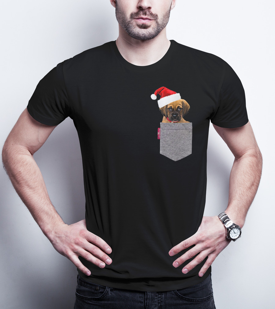 Puggle Puppy With Santa Hat In Gray Pocket Cute Beagle Pug T-Shirt