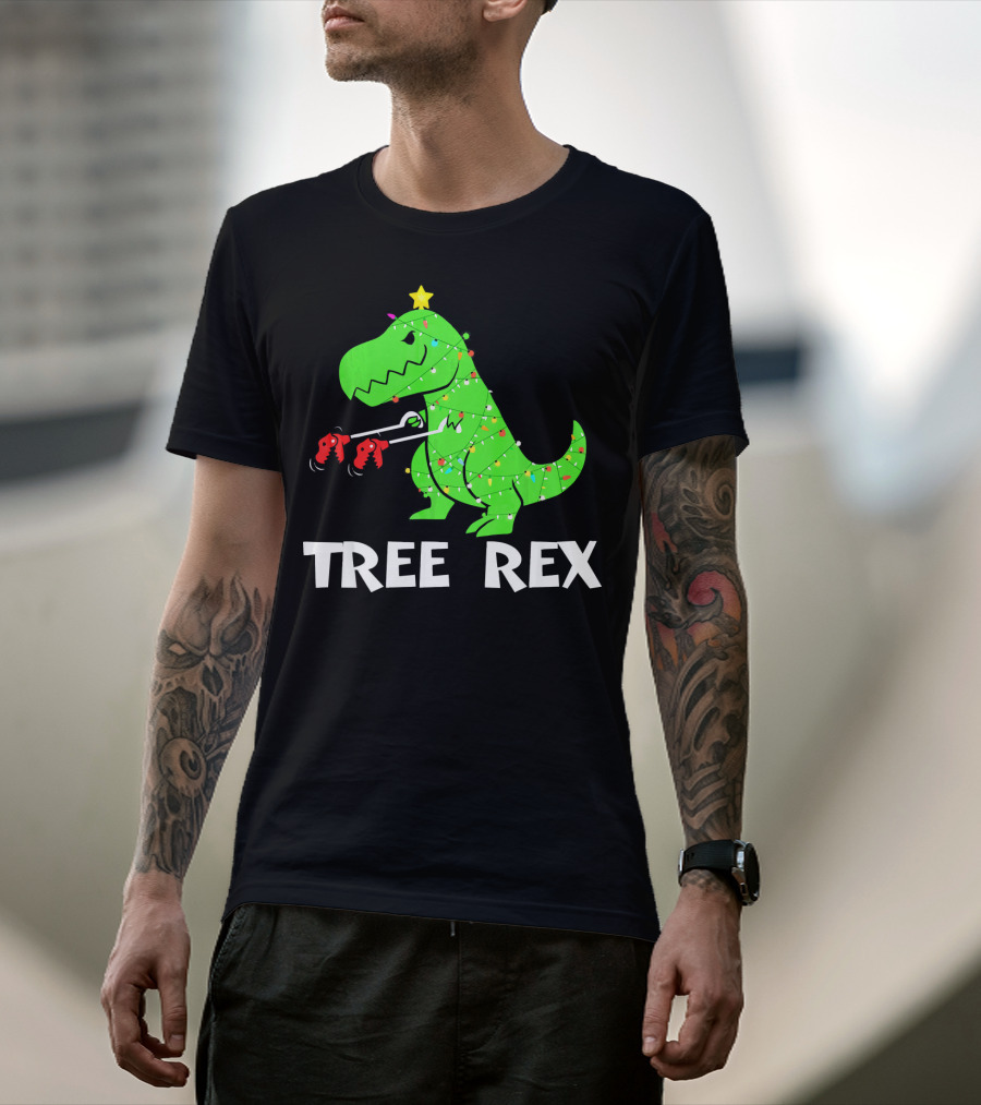 Tree Rex Funny Christmas Dinos Wrapped In Lights T-Shirt