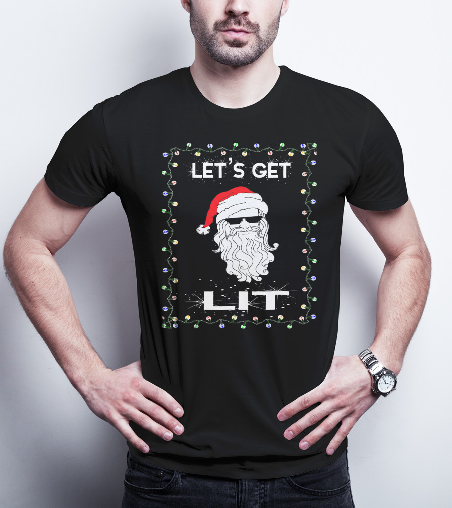 LET'S GET LIT Funny Christmas Santa With Shades Holiday Party T-Shirt