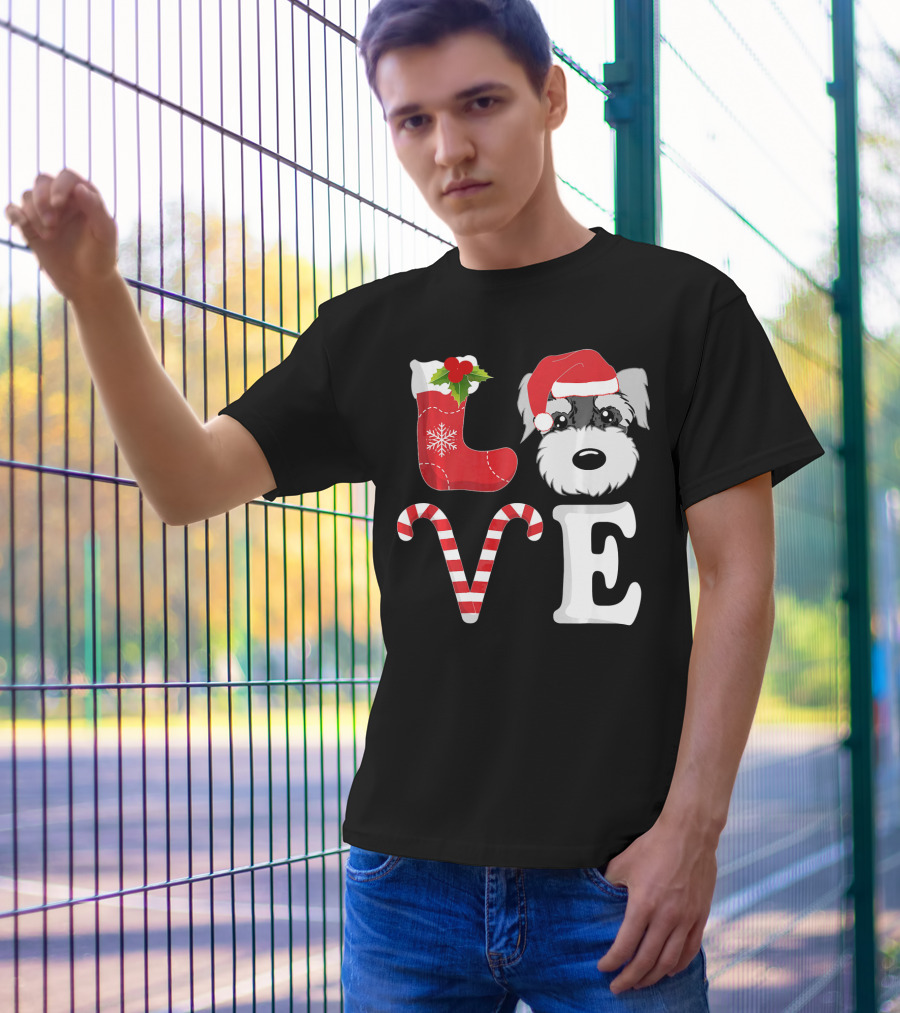 LOVE Miniature Schnauzer Santa Christmas Candy Cane T-Shirt