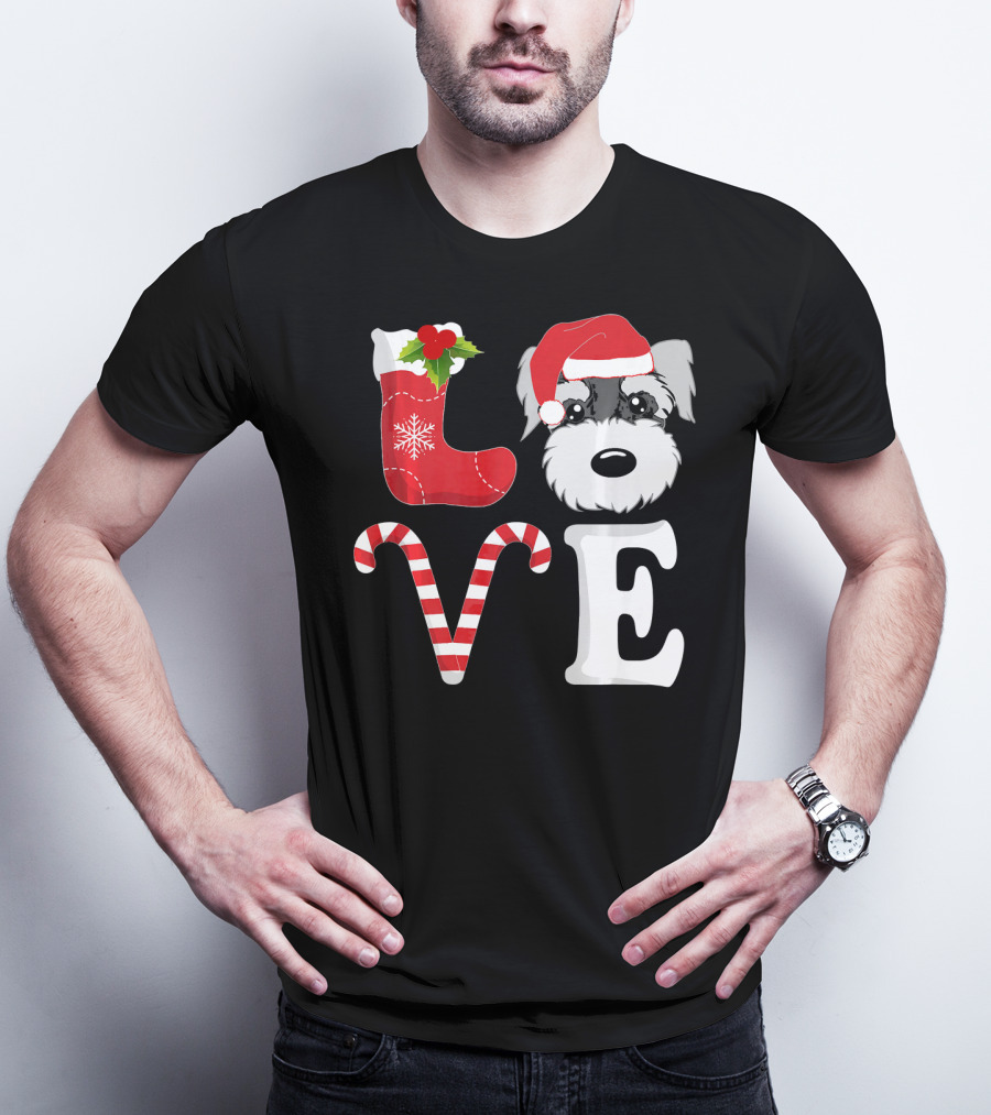 LOVE Miniature Schnauzer Santa Christmas Candy Cane T-Shirt
