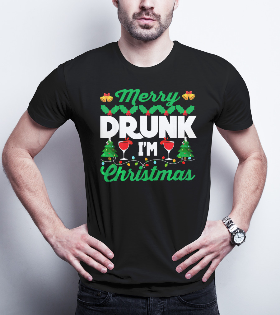Merry Drunk I'm Christmas Wine Bells Lights Trees T-Shirt
