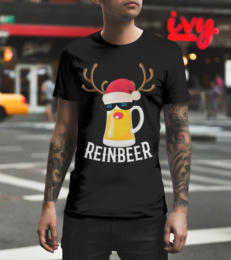 Reindeer Beer Christmas Funny Drinking Reinbeer Santa Hat T-Shirt
