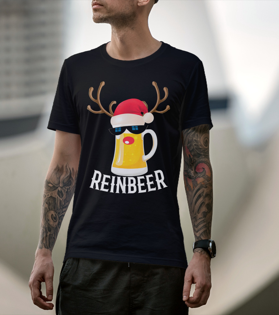 Reindeer Beer Christmas Funny Drinking Reinbeer Santa Hat T-Shirt