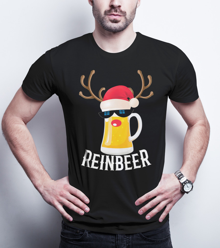 Reindeer Beer Christmas Funny Drinking Reinbeer Santa Hat T-Shirt