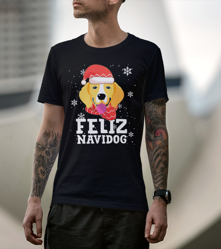 Feliz Navidog Beagle Dog Funny Christmas Snowflakes Santa Hat T-Shirt