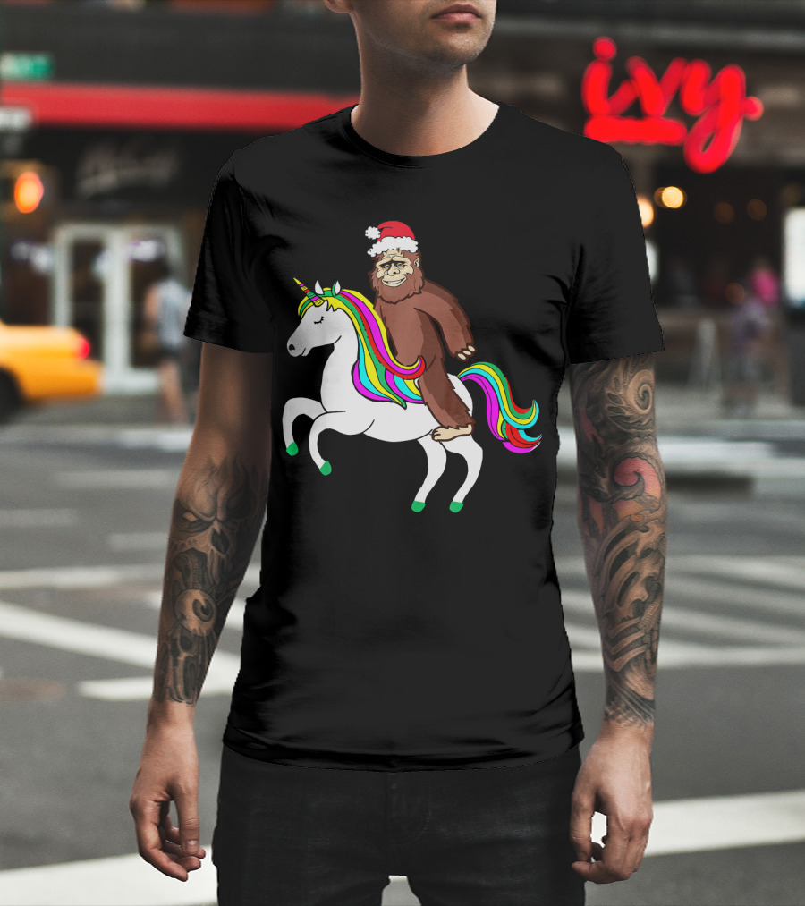 Bigfool Riding Unicorn With Santa Hat Rainbow Mane T-Shirt