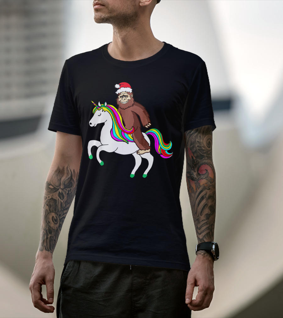 Bigfool Riding Unicorn With Santa Hat Rainbow Mane T-Shirt