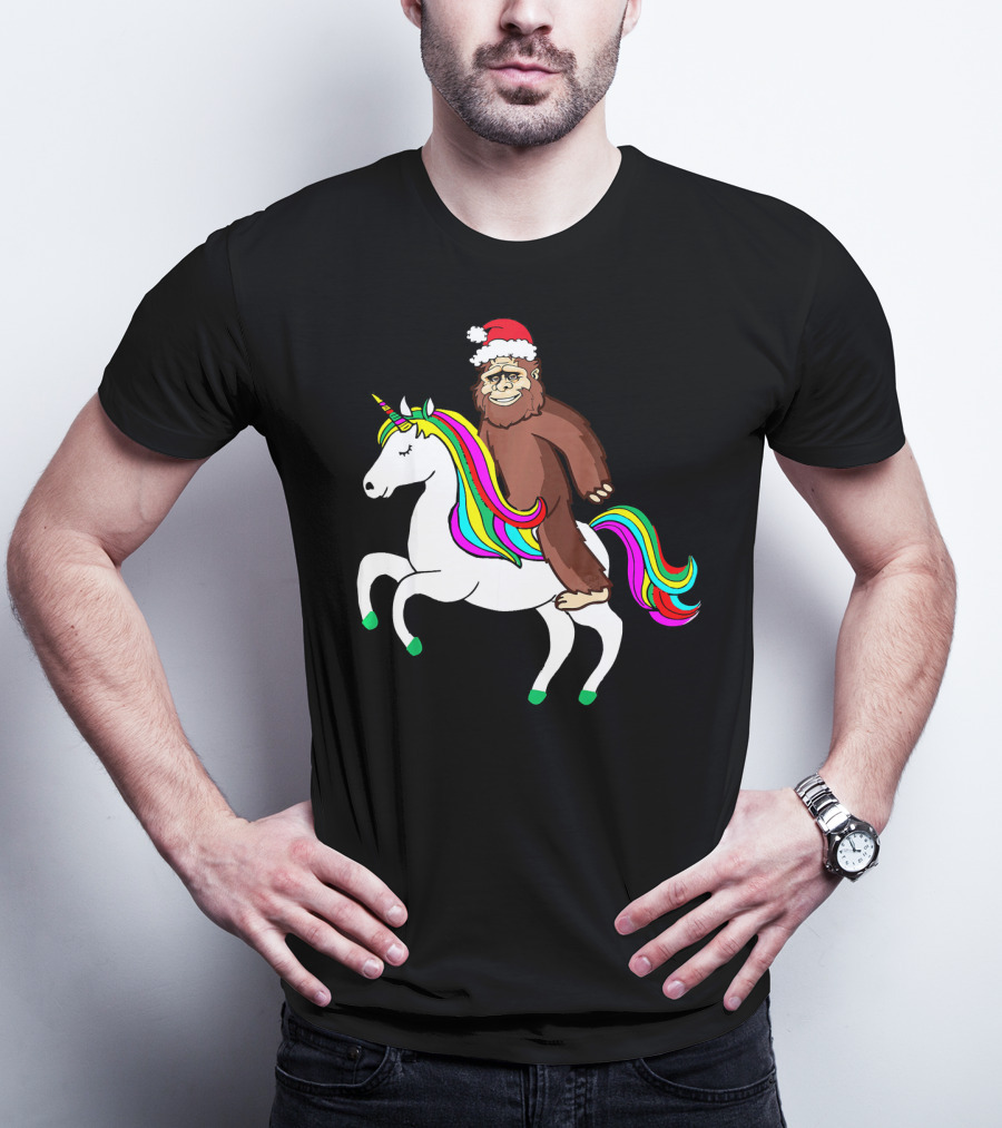 Bigfool Riding Unicorn With Santa Hat Rainbow Mane T-Shirt
