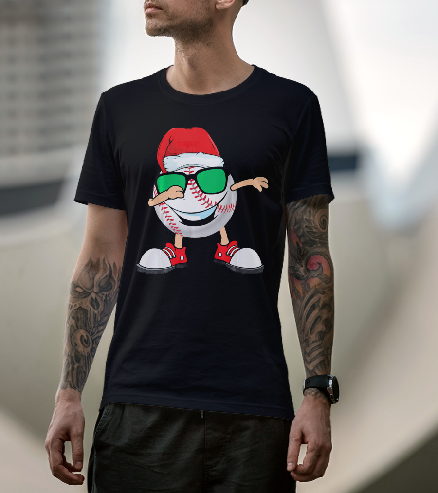 Dabbing Baseball With Santa Hat And Sunglasses T-Shirt