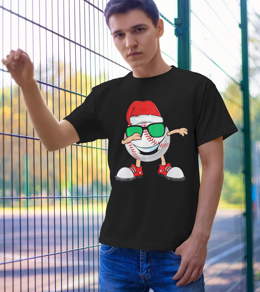 Dabbing Baseball With Santa Hat And Sunglasses T-Shirt