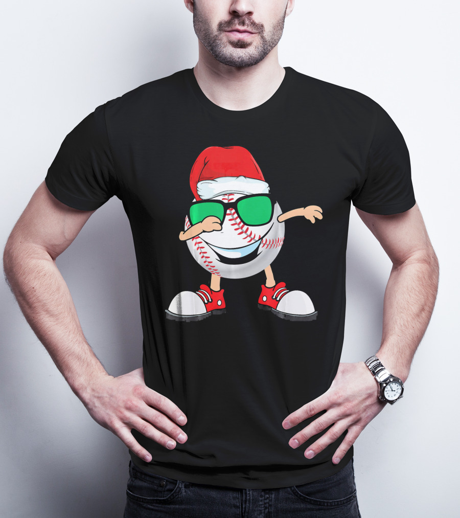 Dabbing Baseball With Santa Hat And Sunglasses T-Shirt