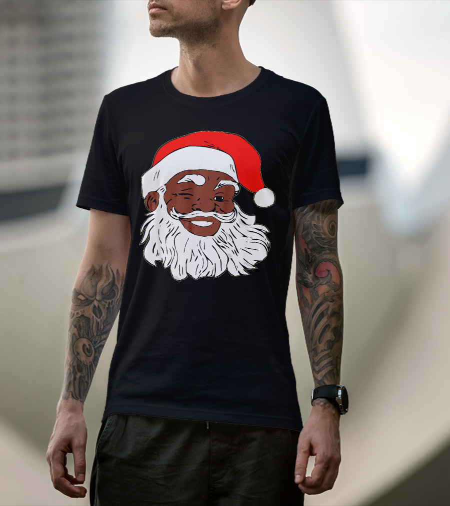 Black Santa Claus Winking In Red Hat T-Shirt