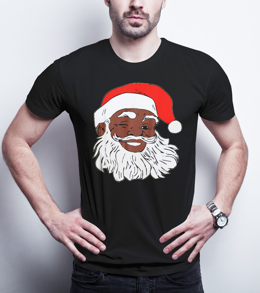 Black Santa Claus Winking In Red Hat T-Shirt