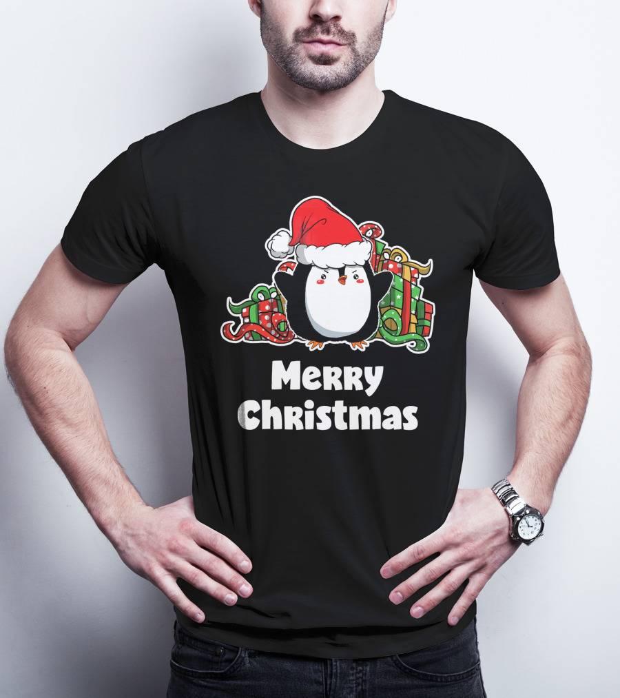 Merry Christmas Penguin Santa Hat Gift Wrapping T-Shirt