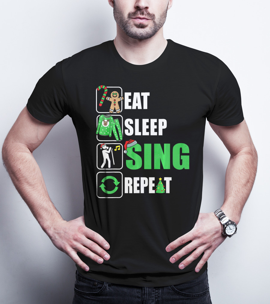 Eat Sleep Sing Repeat Christmas Sweater Singer Candy Cane Gingerbread Music Tree T-Shirt