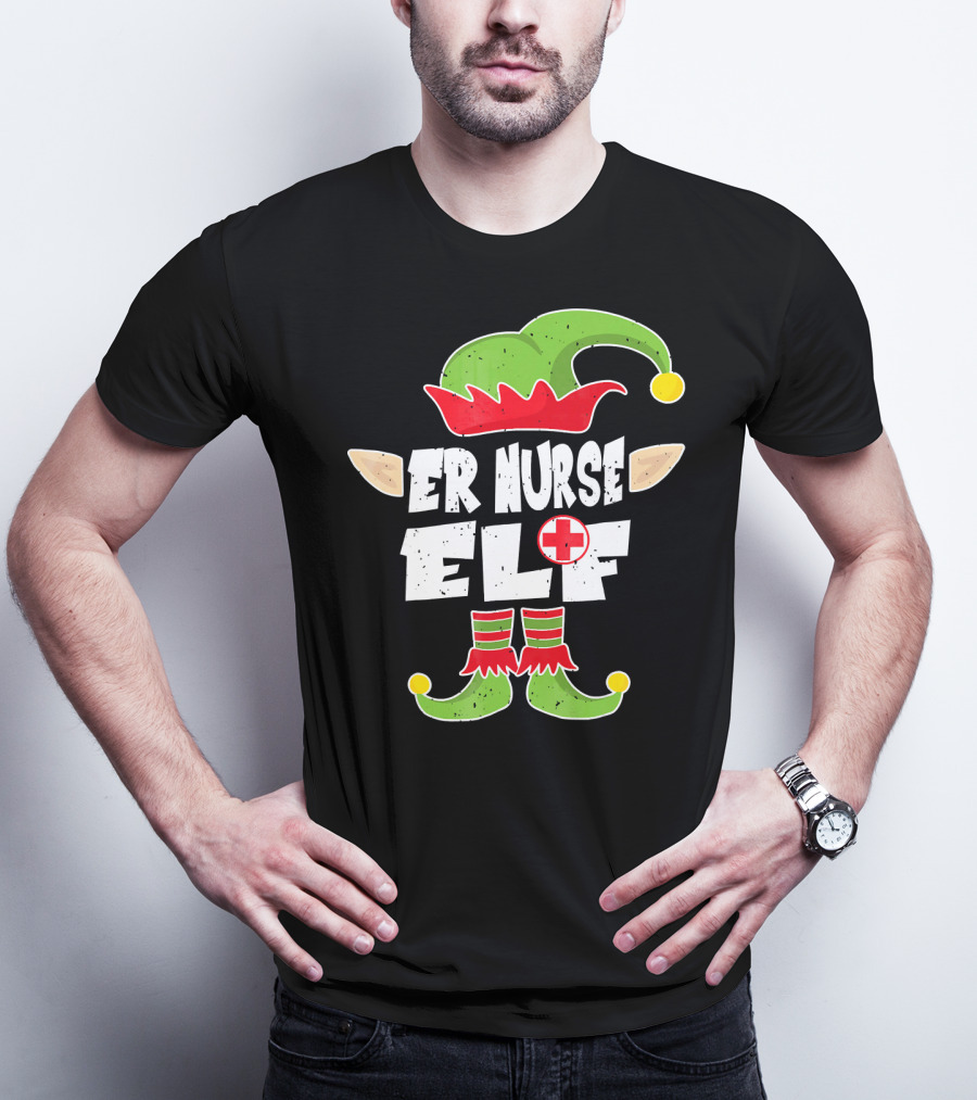 ER Nurse Elf Emergency Squad Christmas Hat And Shoes T-Shirt