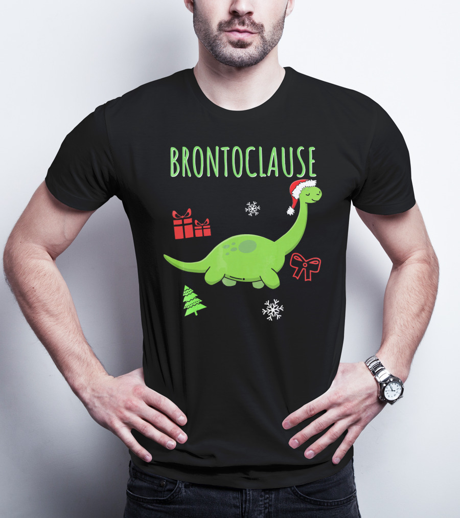 Brontoclause Christmas Dinosaur With Santa Hat And Holiday Gifts T-Shirt