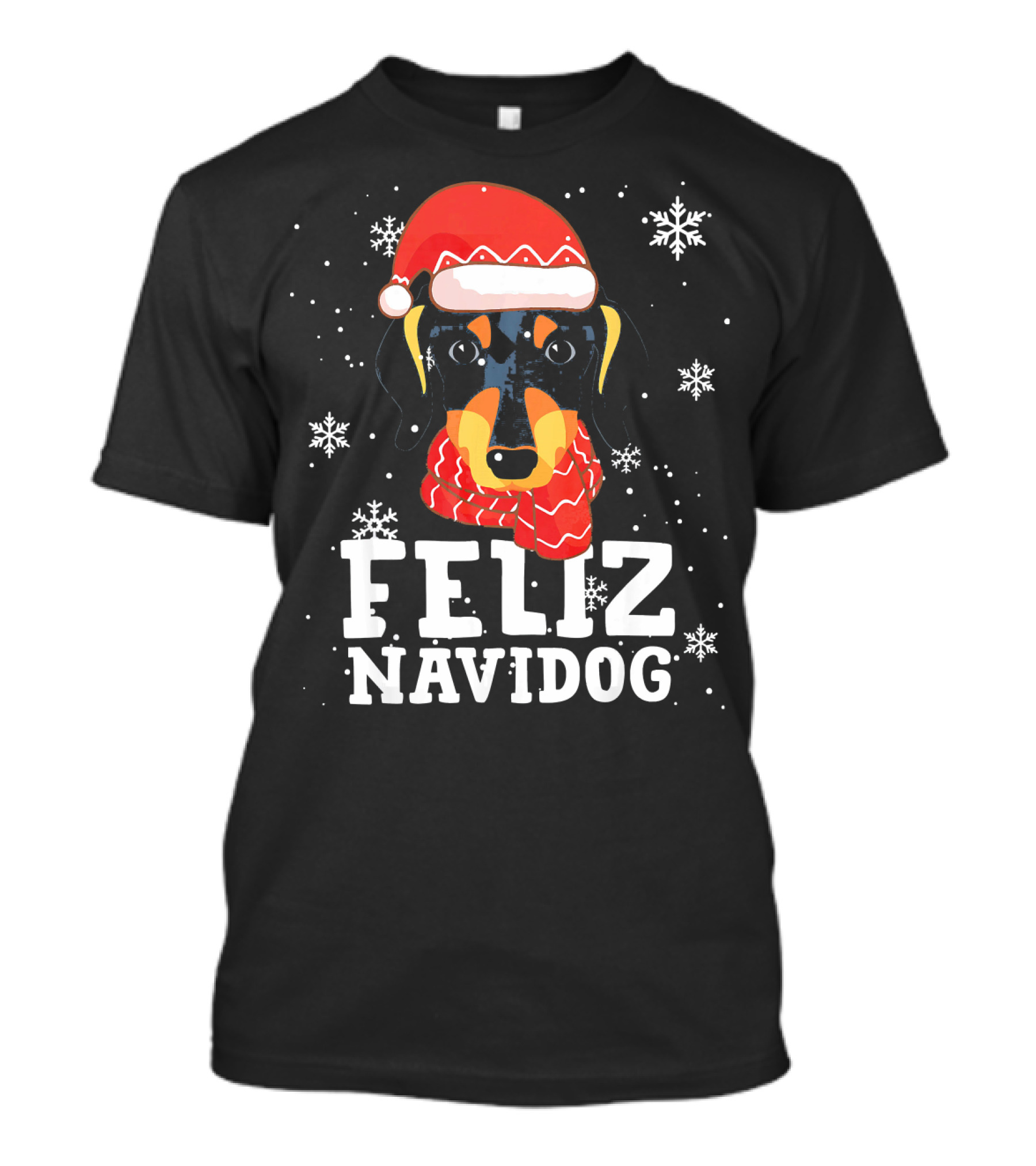 Feliz Navidog Dachshund Dog Christmas Snowflakes Santa Hat Scarf T-Shirt