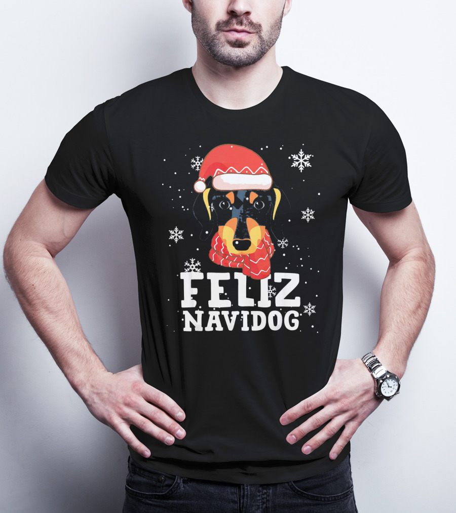 Feliz Navidog Dachshund Dog Christmas Snowflakes Santa Hat Scarf T-Shirt